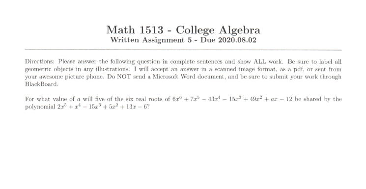 Solved Math 1513 - College Algebra Written Assignment 5 - | Chegg.com