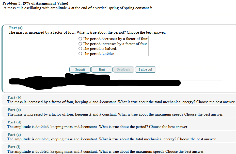 Solved Problem 5: ( 9% ﻿of Assignment Value)A mass m ﻿is | Chegg.com