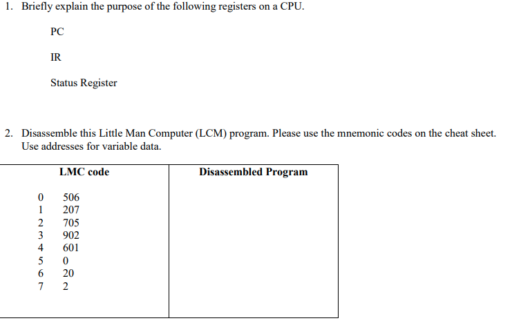 Solved 1. Briefly explain the purpose of the following | Chegg.com