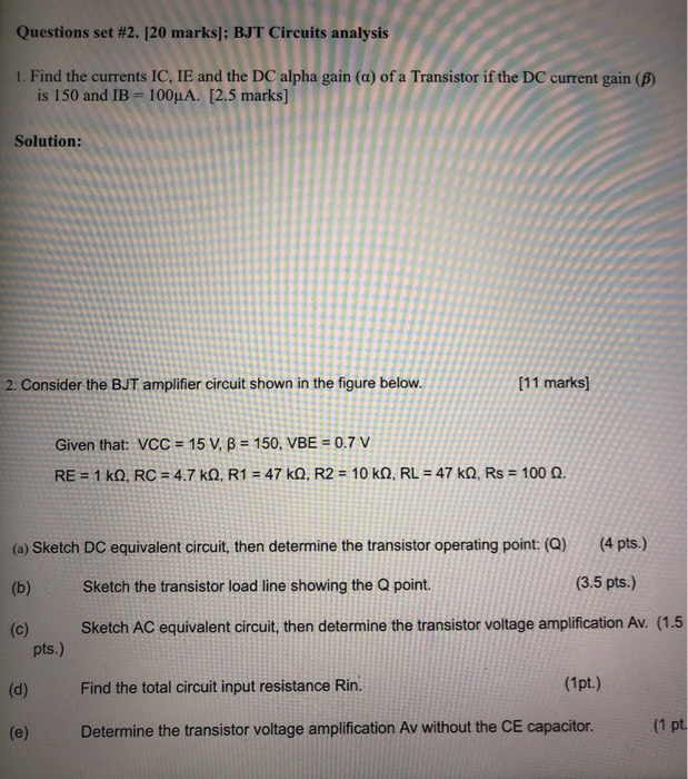 Questions set #2. [20 marks]; BJT Circuits analysis | Chegg.com