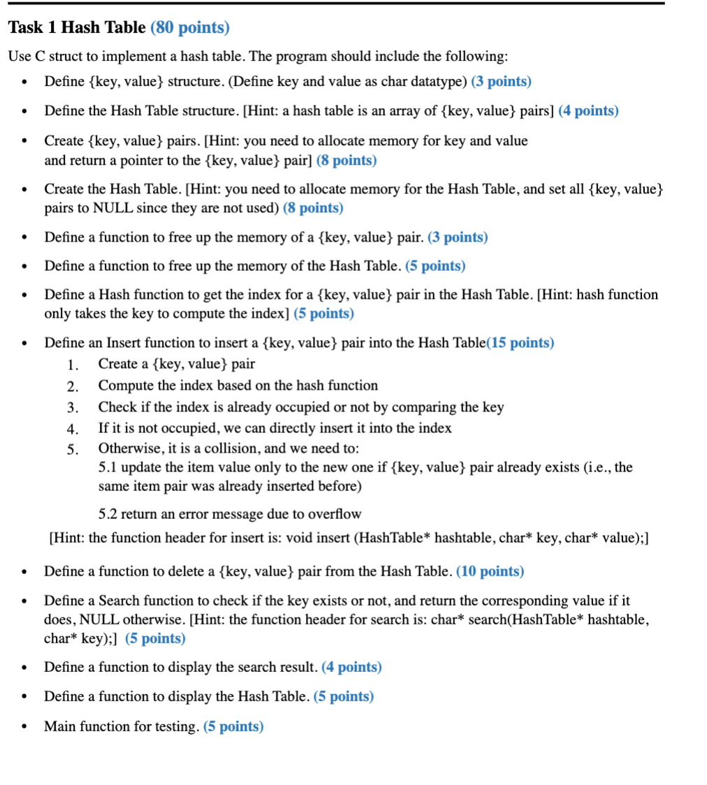 Solved ask 1 Hash Table ( 80 points) se C struct to | Chegg.com