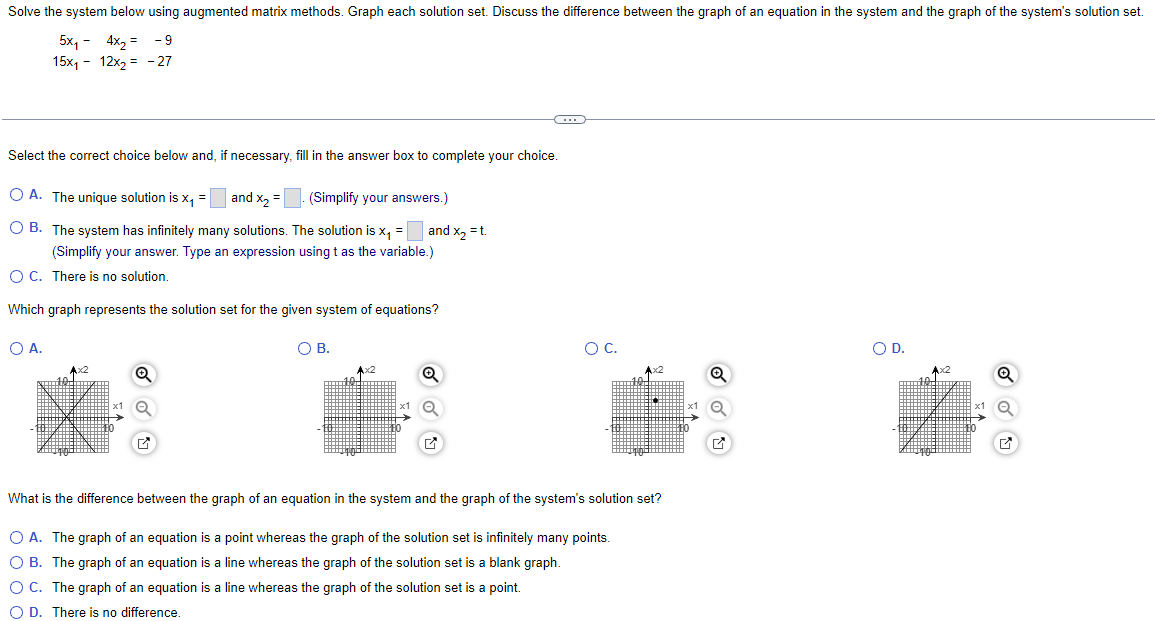 Solved 5x1−4x2=−915x1−12x2=−27 Select the correct choice | Chegg.com