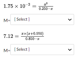 Solved 1.75×10−2=0.250−xx2 N 7.12=0.850−xx×(x+0.550) | Chegg.com