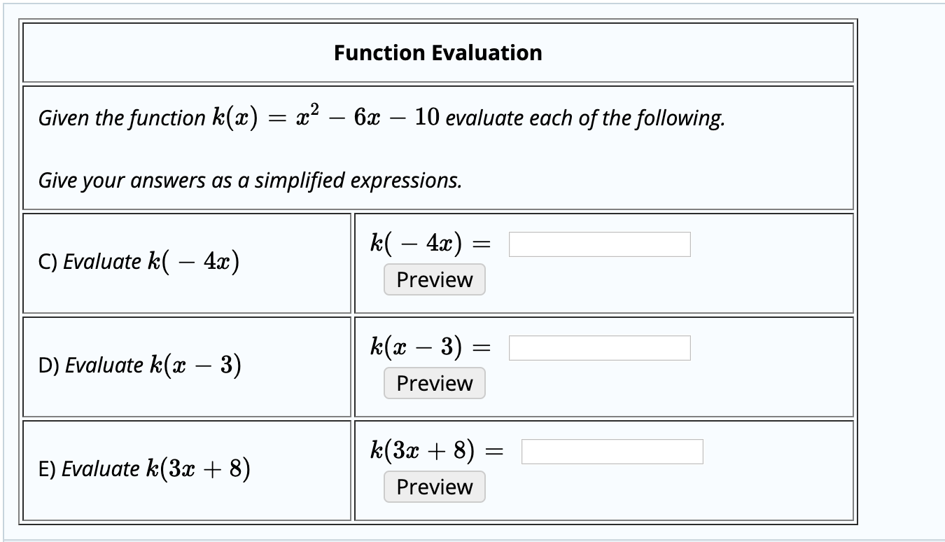 Solved Function Evaluation Given the function k(x) = x2 – 6x | Chegg.com