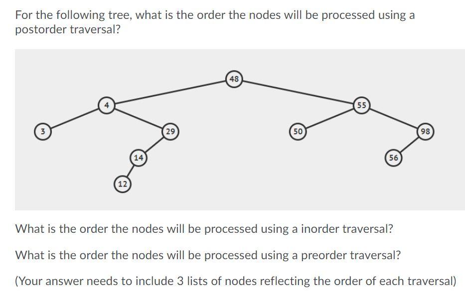 Solved For the following tree, what is the order the nodes | Chegg.com