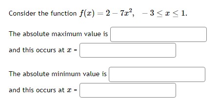 Solved Consider the function f(x)=2−7x2,−3≤x≤1. The absolute | Chegg.com
