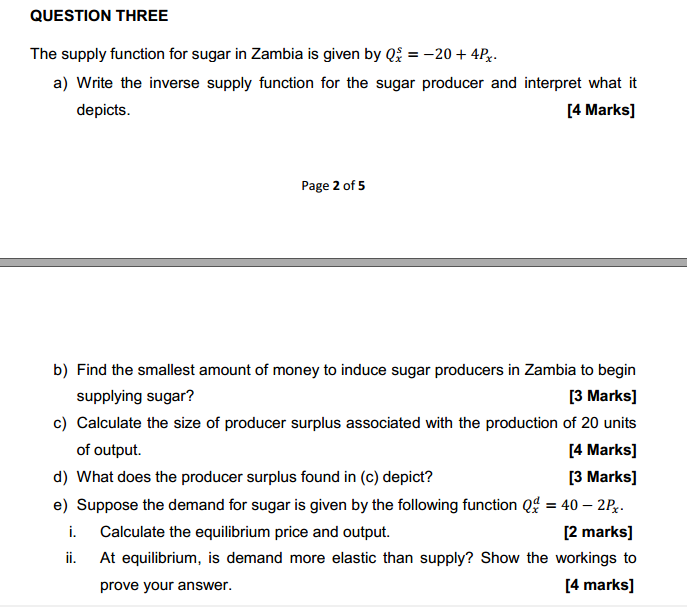Solved QUESTION THREE The supply function for sugar in | Chegg.com