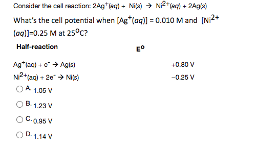 Solved + Consider the cell reaction: 2Ag+(aq) + Ni(s) → | Chegg.com