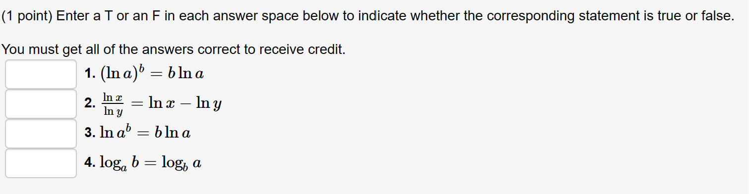 Solved (1 ﻿point) ﻿Enter a T ﻿or an F ﻿in each answer space | Chegg.com