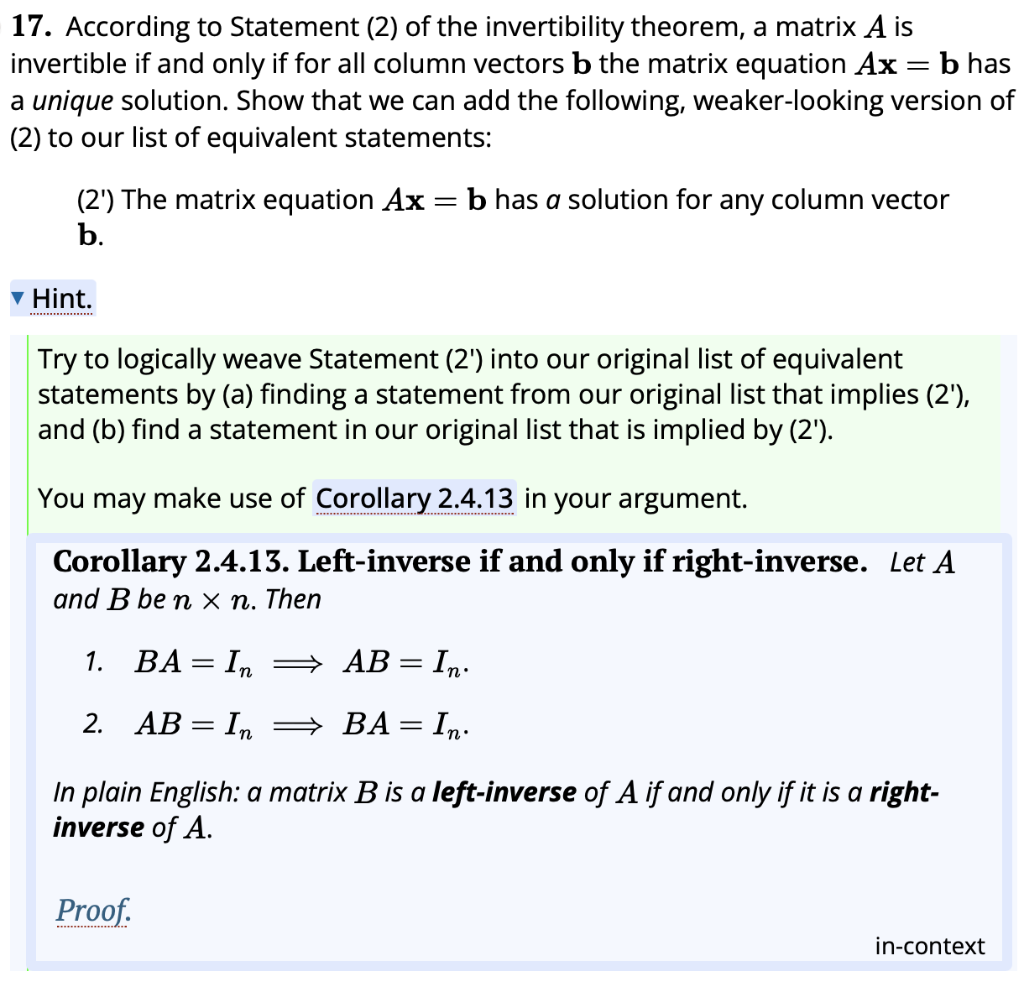 Solved 17. According to Statement (2) of the invertibility | Chegg.com