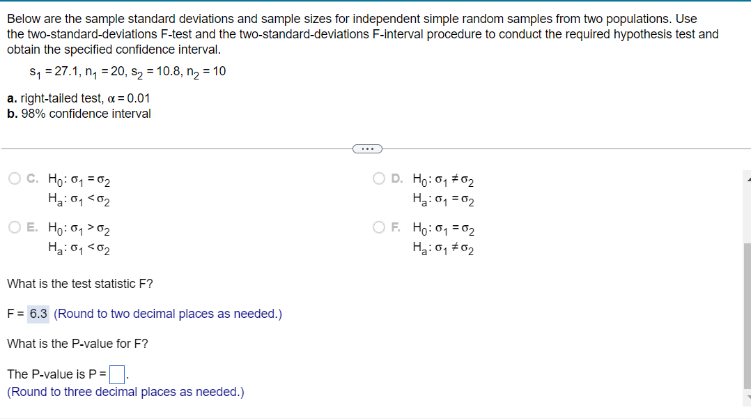 Solved Below are the sample standard deviations and sample | Chegg.com