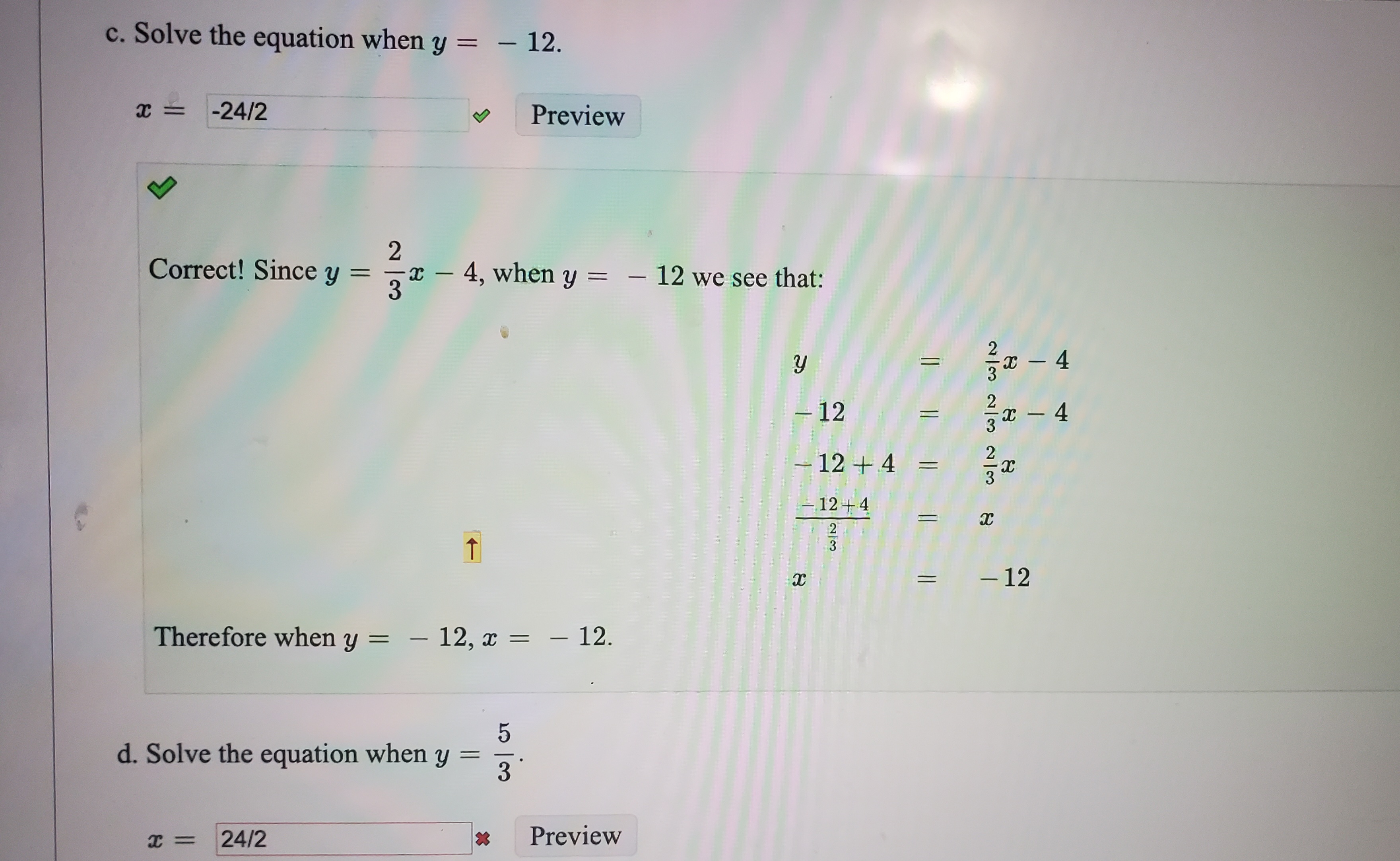 Solved c. Solve the equation when y=−12. x= Correct! Since | Chegg.com