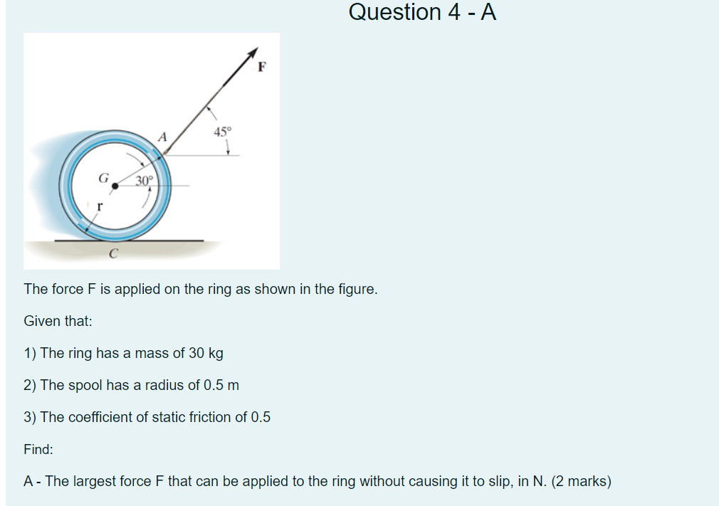Solved Question 4 - A - F А 45° 309 The force F is applied | Chegg.com