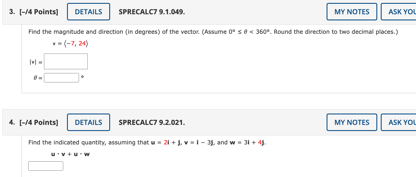 [Solved]: [-/4 Points] SPRECALC7 9.1.049. Find the magnitu