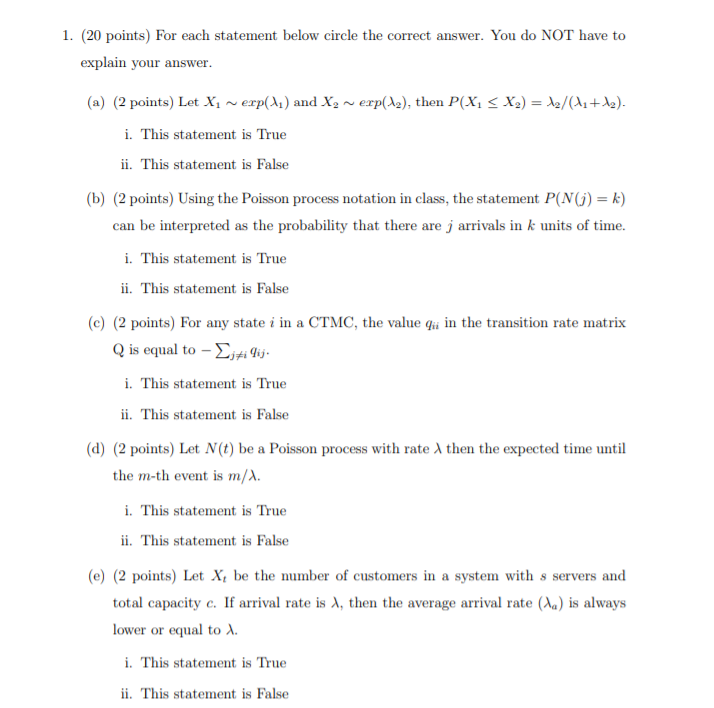 Solved . 1. (20 points) For each statement below circle the | Chegg.com