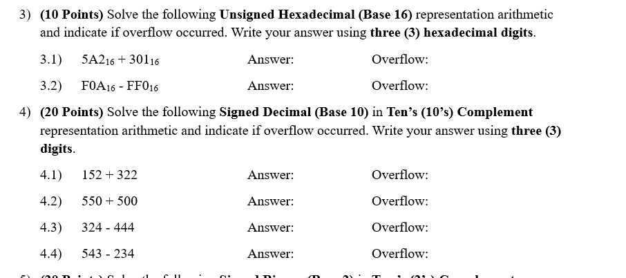 Solved 1) (10 Points) Solve the following Unsigned Decimal | Chegg.com