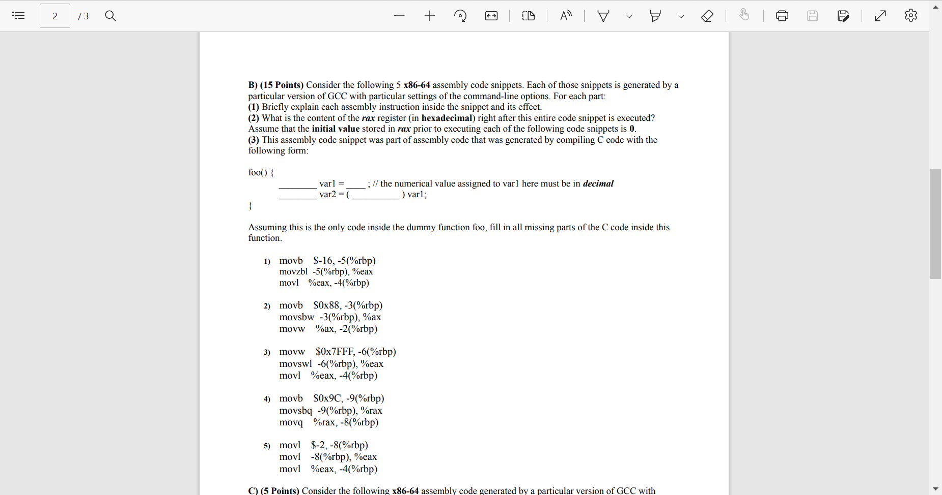 Solved B) (15 Points) Consider the following 5 x86-64 | Chegg.com