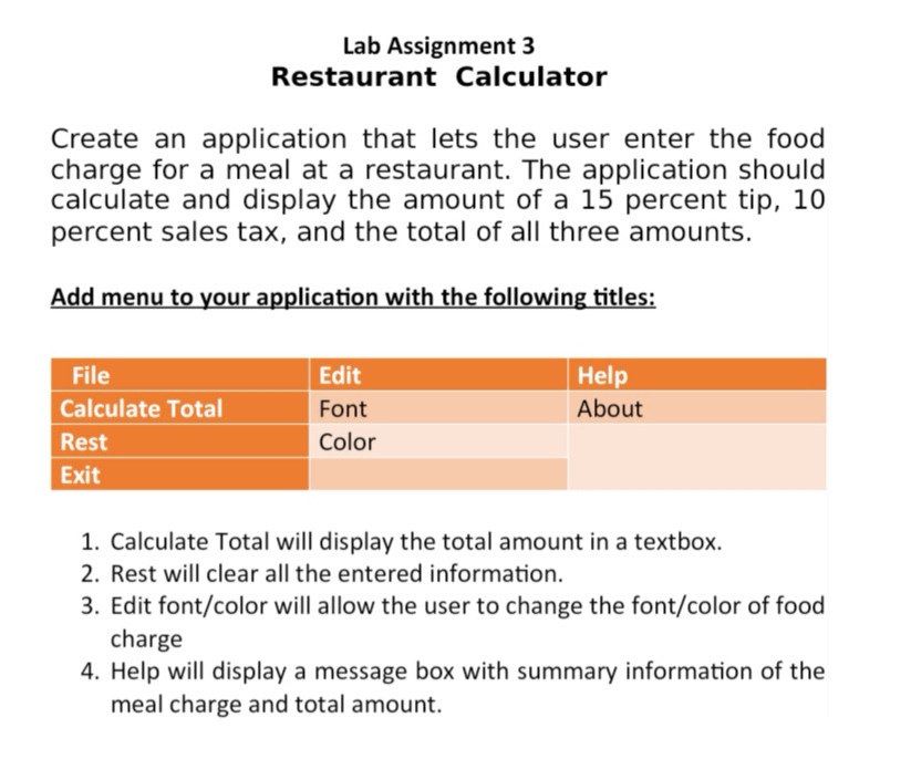 Solved Restaurant Calculator Create an application that lets | Chegg.com