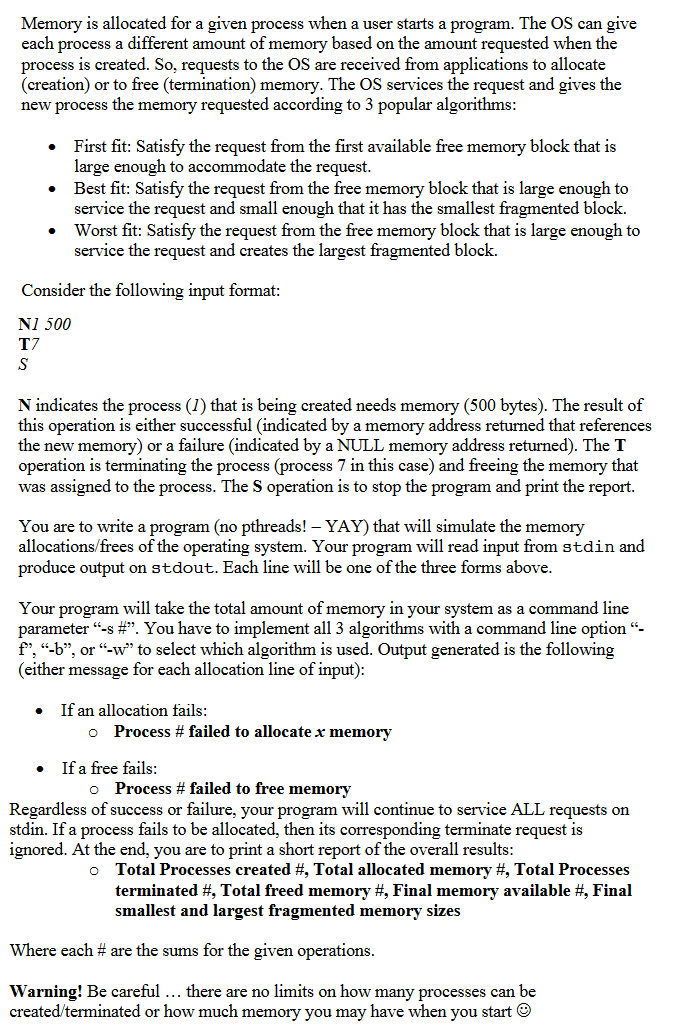 Memory is allocated for a given process when a user | Chegg.com