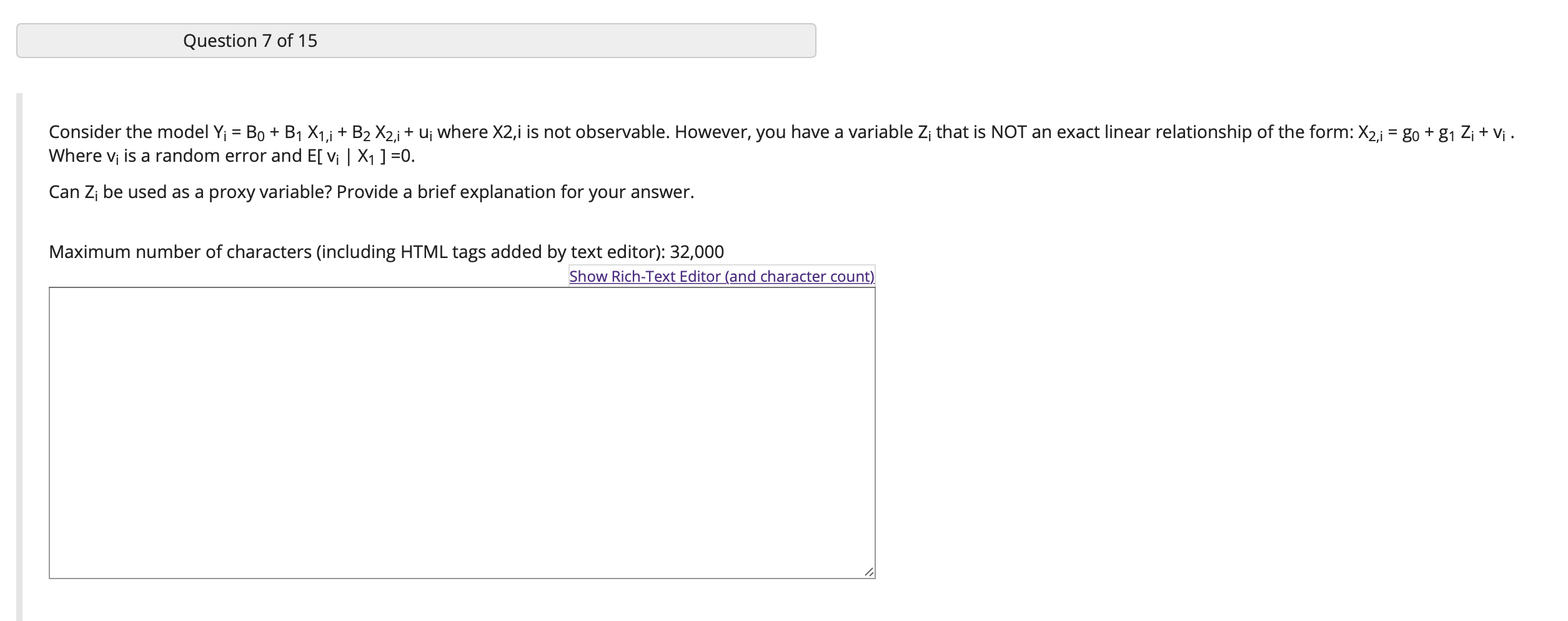 Solved Question 7 of 15 Consider the model Y; = Bo + B1 X1,1 | Chegg.com