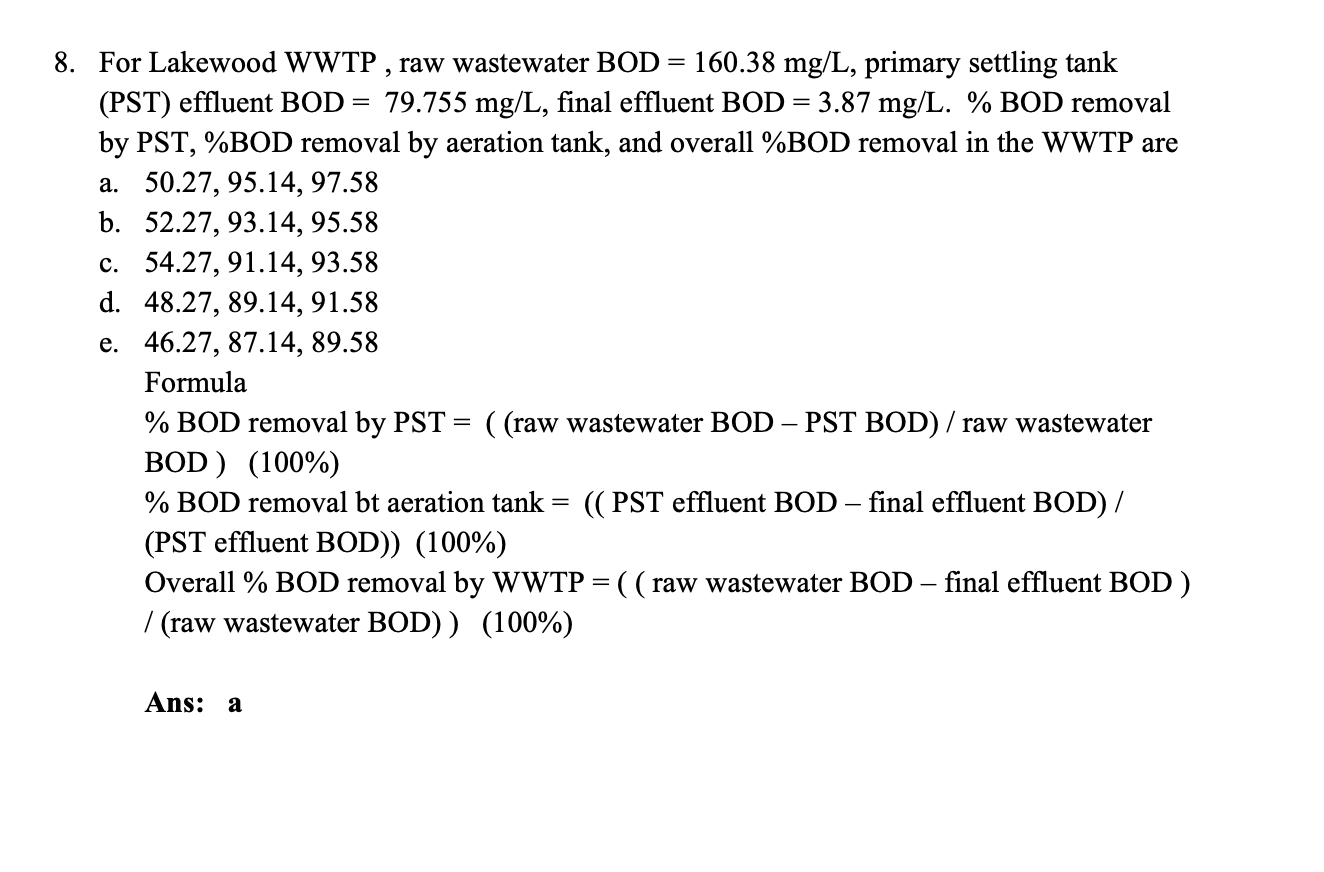 Solved 7. For a wastewater treatment plant with raw | Chegg.com