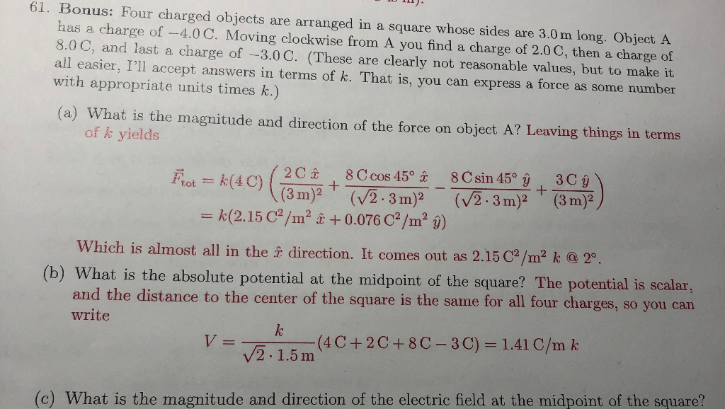 Solved 61. Bonus: Four charged objects are arranged in a | Chegg.com