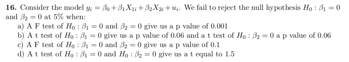 Solved 16. Consider the model yi = Bo+B1Xi+2X2; + ui. We | Chegg.com