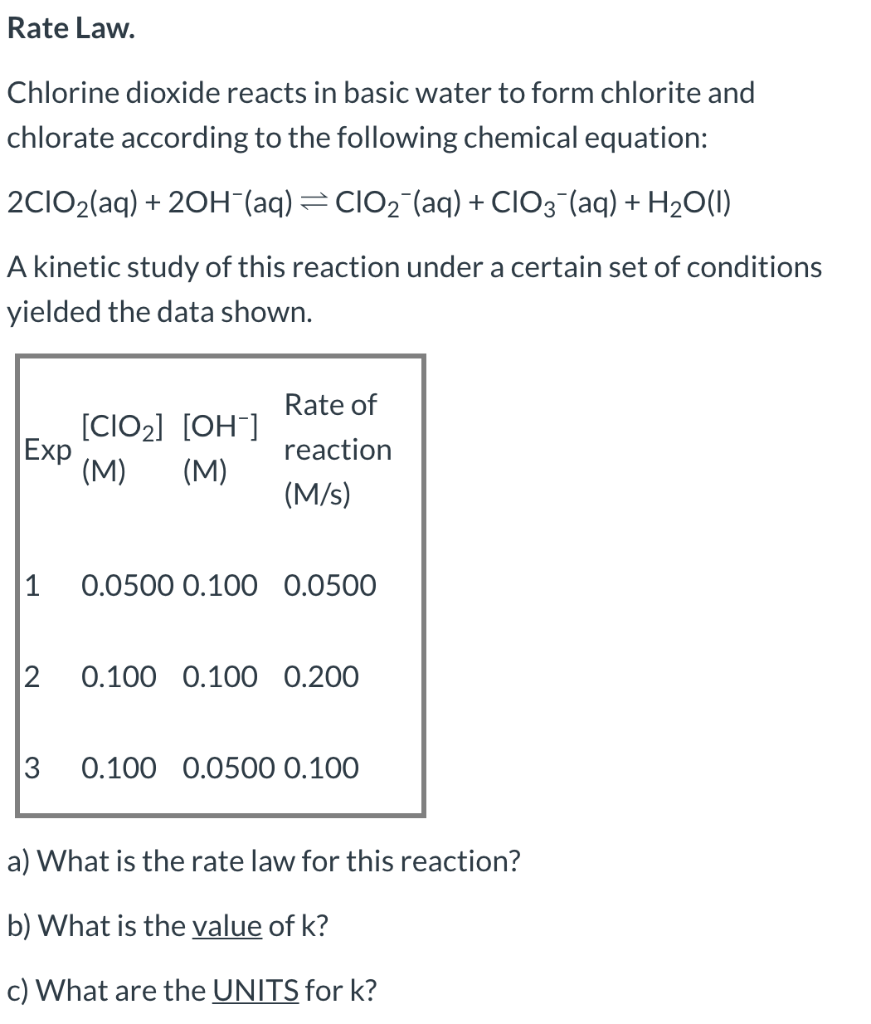 Solved Rate Law. Chlorine dioxide reacts in basic water to | Chegg.com