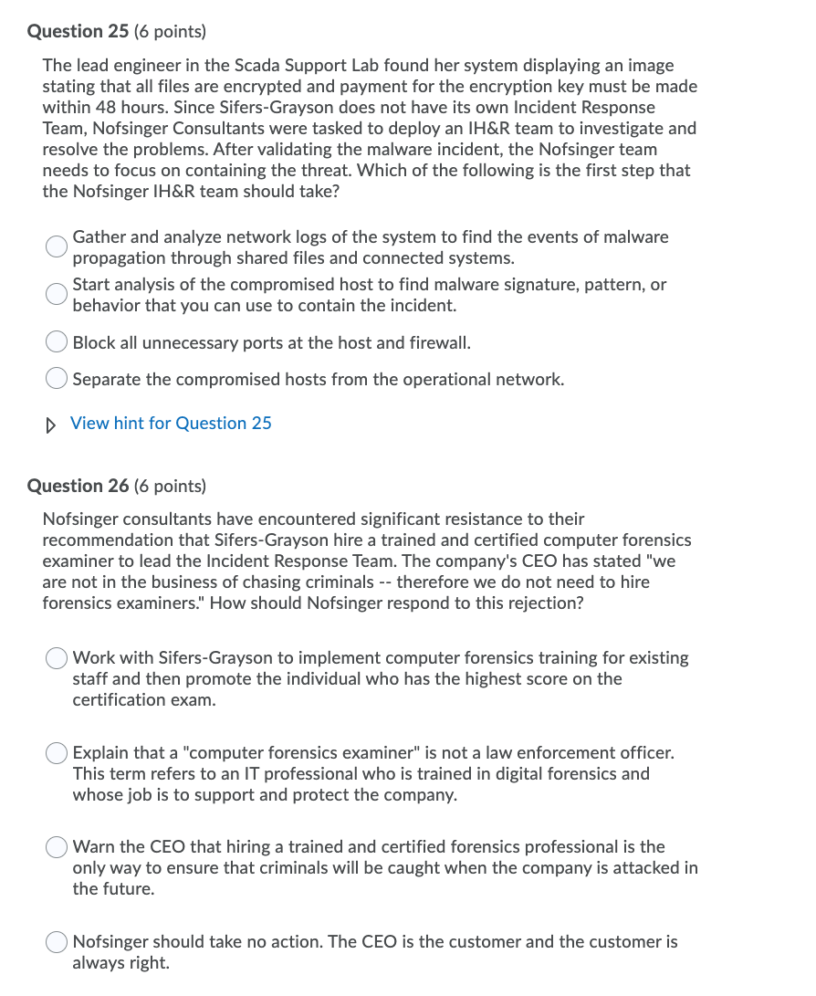 Solved Question 25 (6 points) The lead engineer in the Scada | Chegg.com