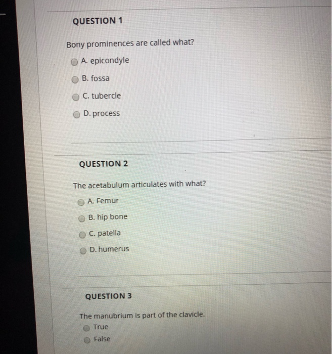 Solved QUESTION 1 Bony prominences are called what? A. | Chegg.com