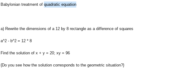 Solved Babylonian treatment of quadratic equation a) Rewrite | Chegg.com