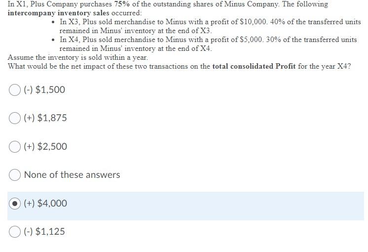 Solved In X1. Plus Company purchases 75% of the outstanding | Chegg.com