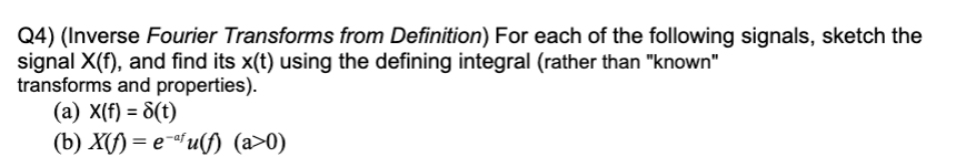 Solved Q4) (Inverse Fourier Transforms from Definition) For | Chegg.com