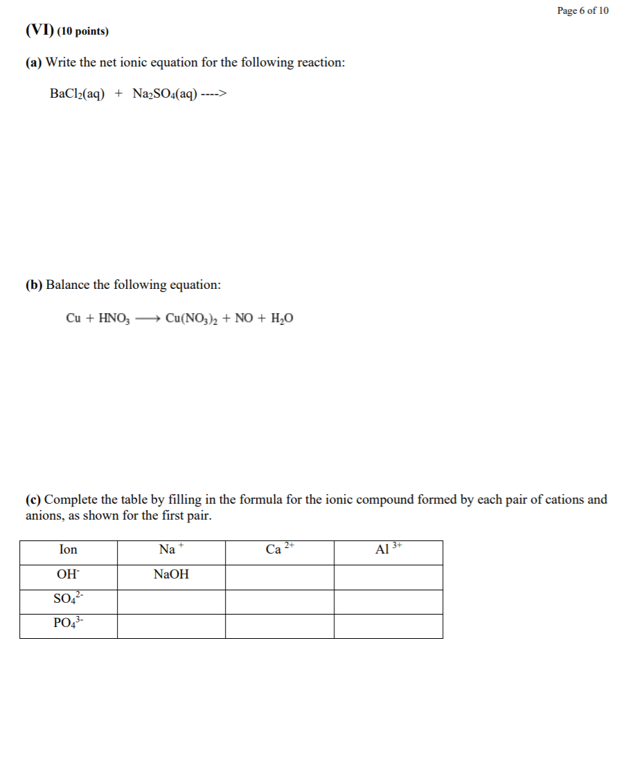 Solved Page 6 Of 10 Vi 10 Points A Write The Net Ionic