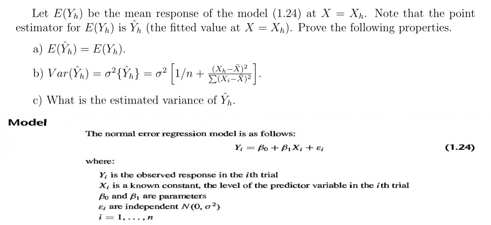 Solved Let E(Yh) be the mean response of the model (1.24) at | Chegg.com