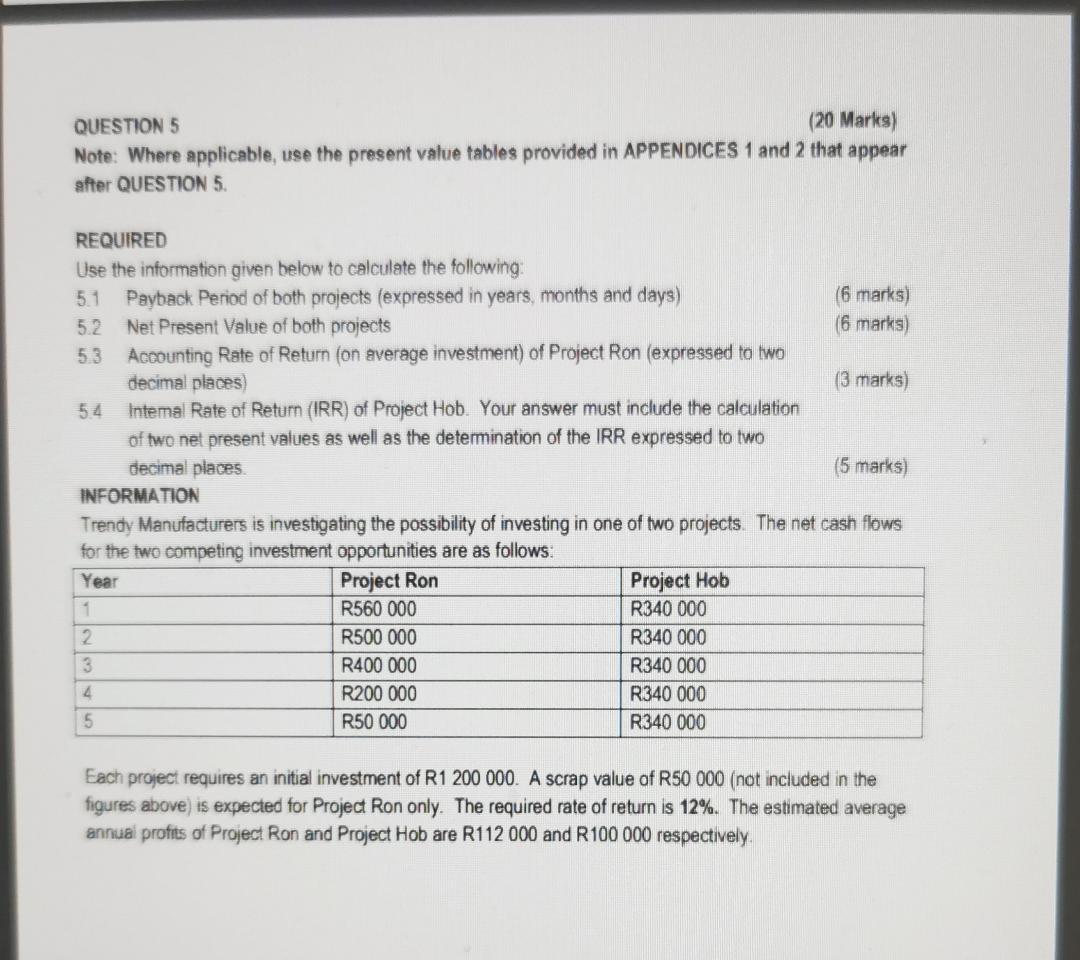 Solved QUESTION 5 (20 Marks) Note: Where applicable, use the | Chegg.com
