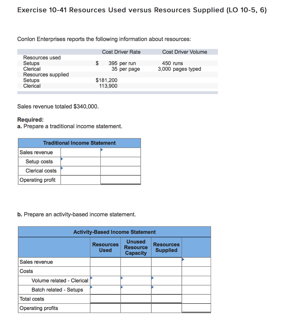Solved Exercise 10-41 Resources Used versus Resources | Chegg.com