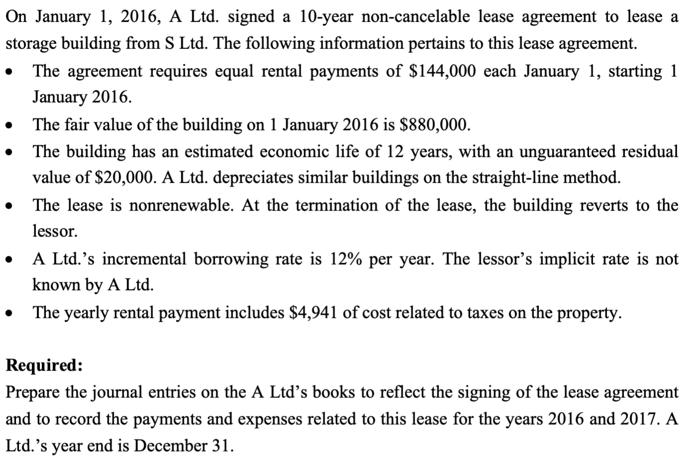 Solved On January 1, 2016, A Ltd. signed a 10-year | Chegg.com