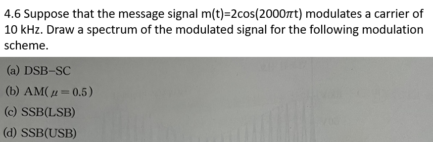 Solved (a) ﻿DSB-SC(b) AM(μ=0.5)(c) SSB(LSB)(d) SSB (USB) | Chegg.com