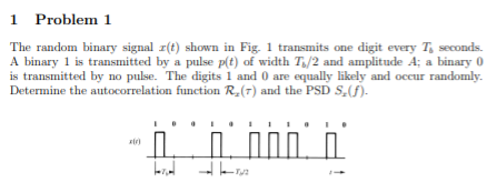 Solved 1 1 Problem 1 The random binary signal (t) shown in | Chegg.com