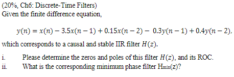 Solved ( 20%, Ch6: Discrete-Time Filters) Given the finite | Chegg.com
