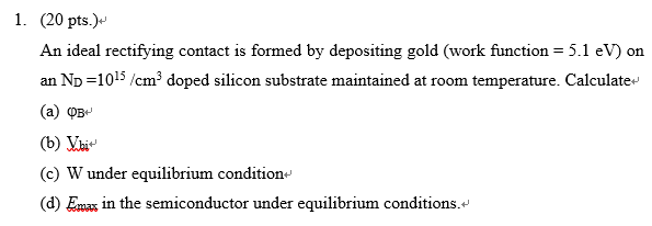 Solved 1. (20 pts.) An ideal rectifying contact is formed by | Chegg.com
