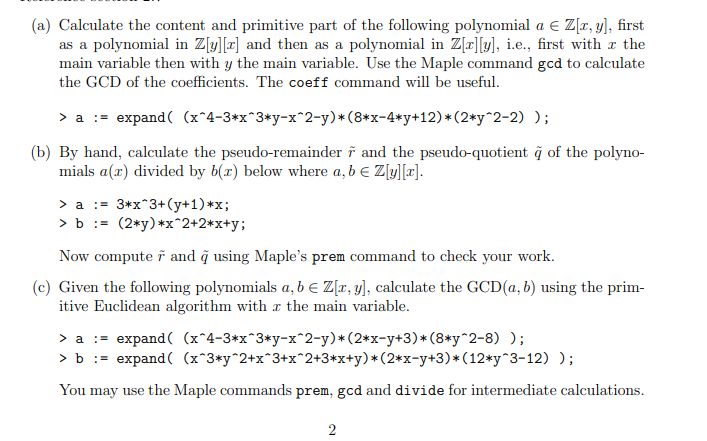 Solved (a) Calculate the content and primitive part of the | Chegg.com