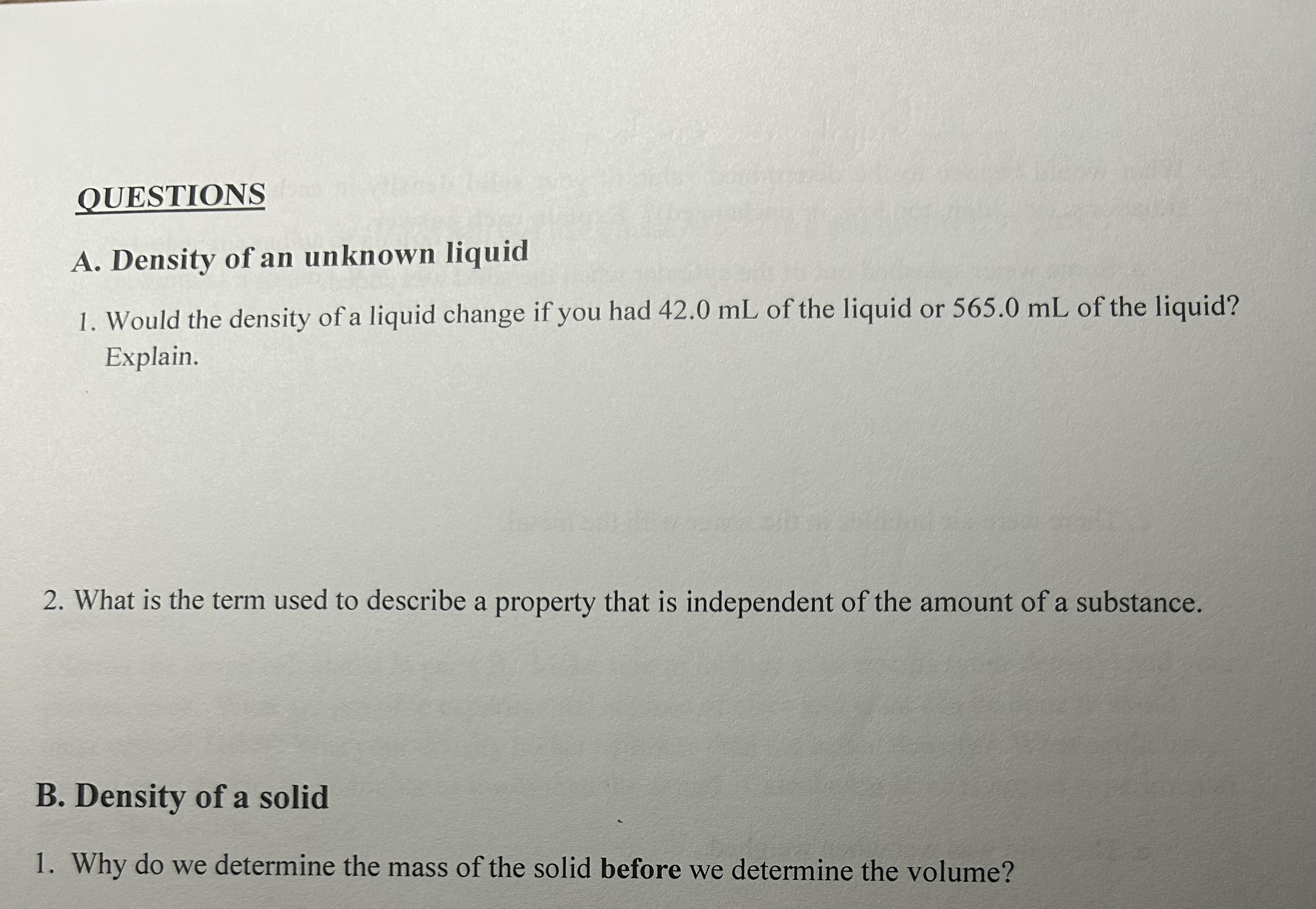 Solved QUESTIONSA. ﻿Density of an unknown liquidWould the | Chegg.com