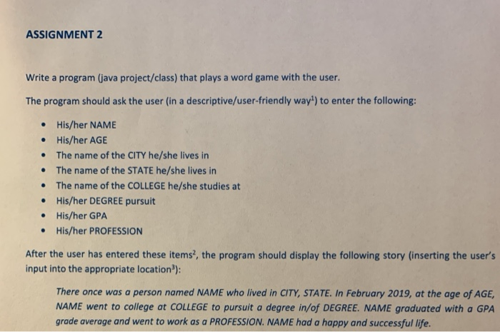 Solved ASSIGNMENT 2 Write a program (java project/class) | Chegg.com