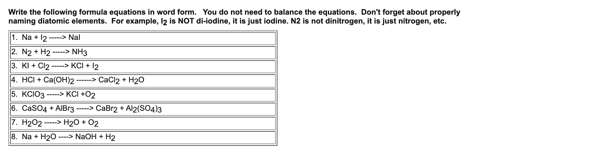 Solved Write the following formula equations in word form. | Chegg.com