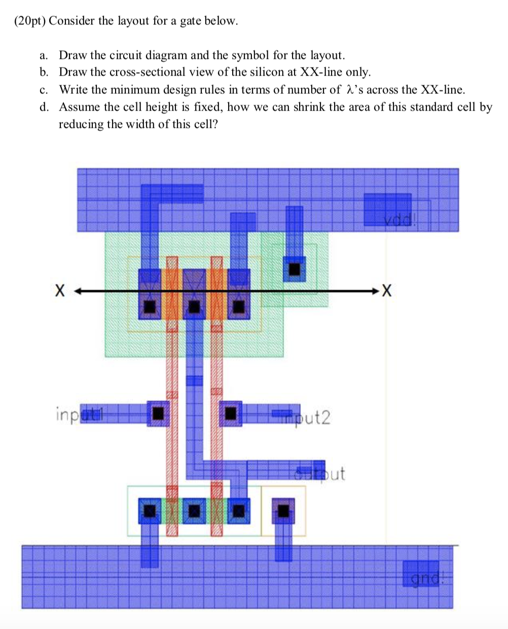 Solved (20pt) Consider the layout for a gate below. a. Draw | Chegg.com