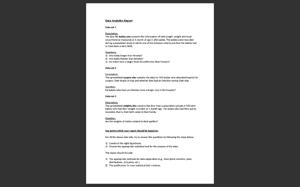 Data Analytics Report Data set 1 Description: The | Chegg.com