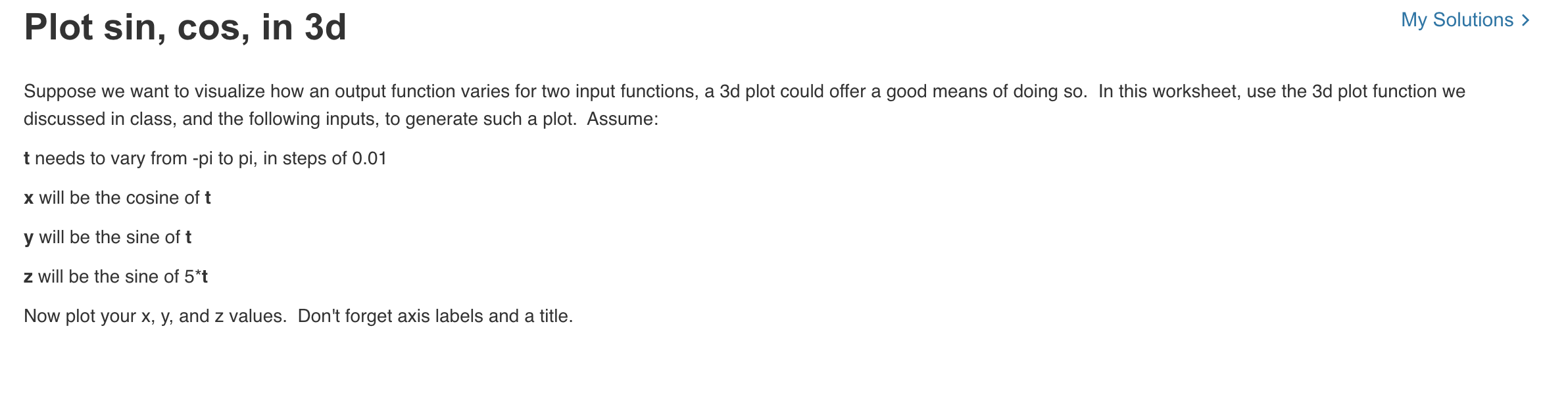 Solved Plot sin, cos, in 3d My Solutions > Suppose we want | Chegg.com