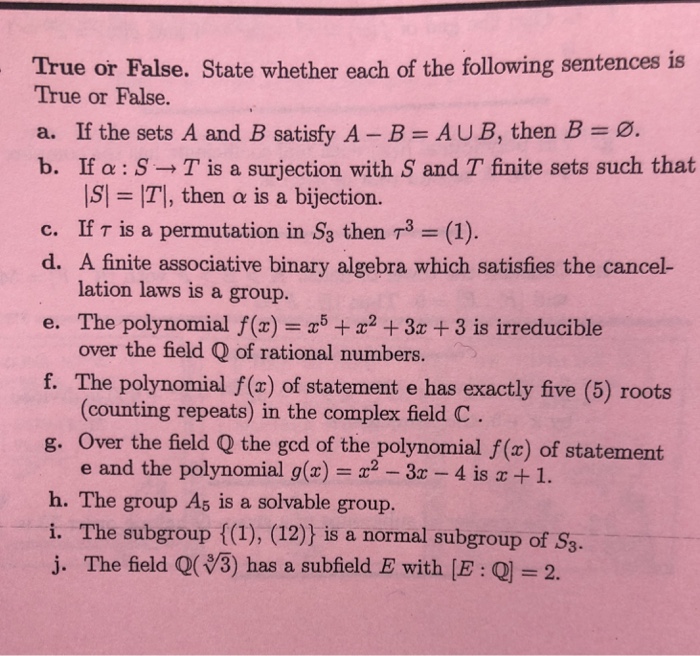 Solved True or False. State whether each of the following | Chegg.com